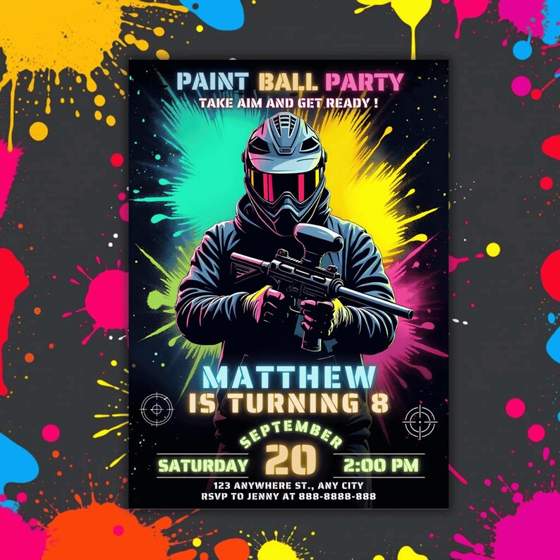 Editable Paintball Birthday Invitation, Thank You Card (digital ...