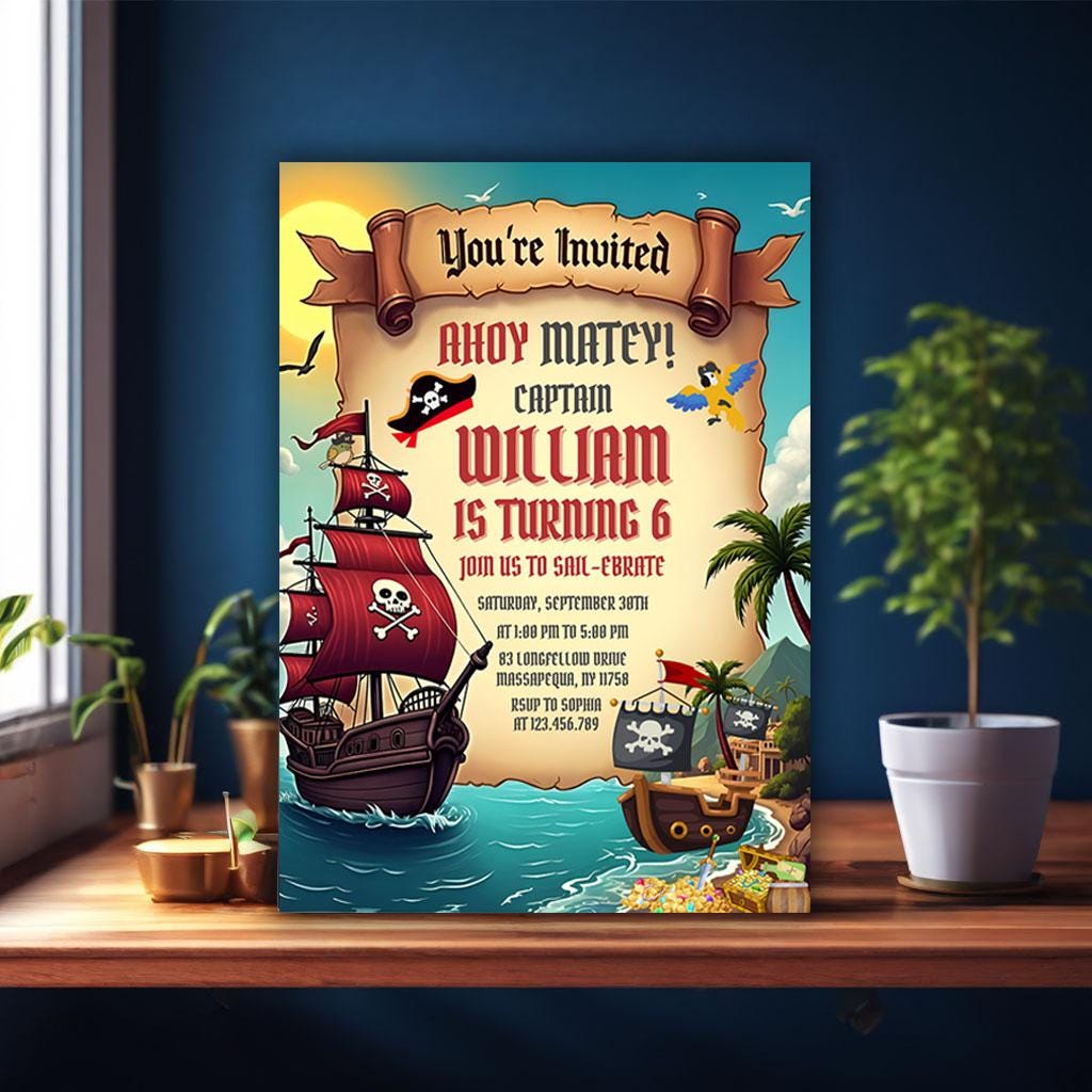 Editable Pirate Birthday Invitation, Pirate Birthday Party Invitation ...