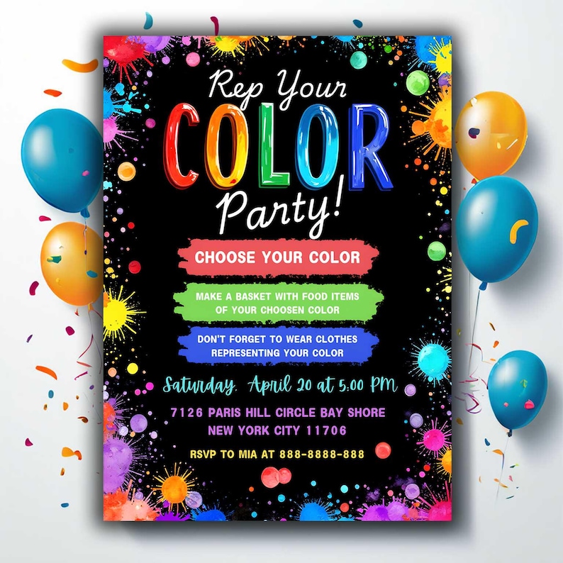 Editable Birthday Invitation, Rep Your Color Invitation, Color Theme ...