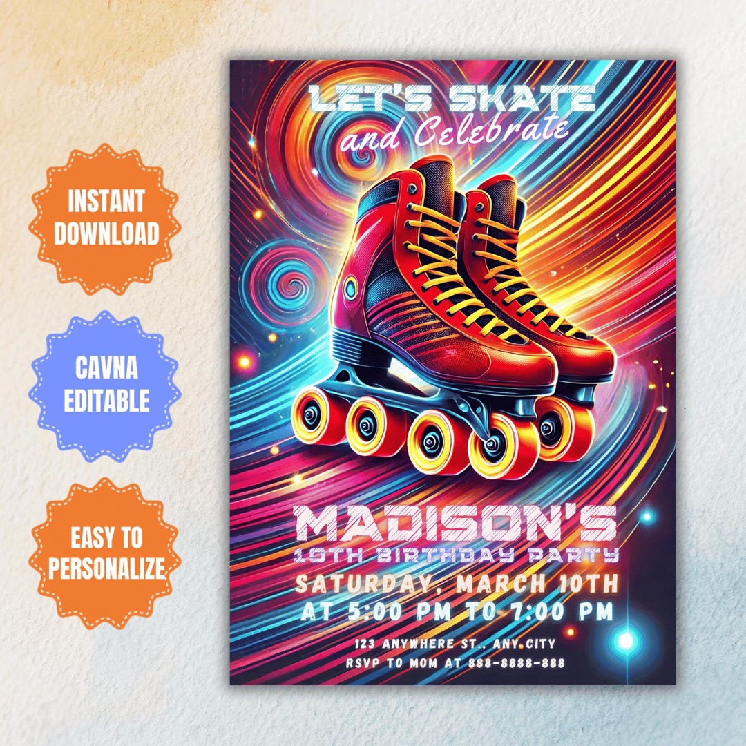 Editable Skate Birthday Invitation, Girls Skate Party Invitation ...