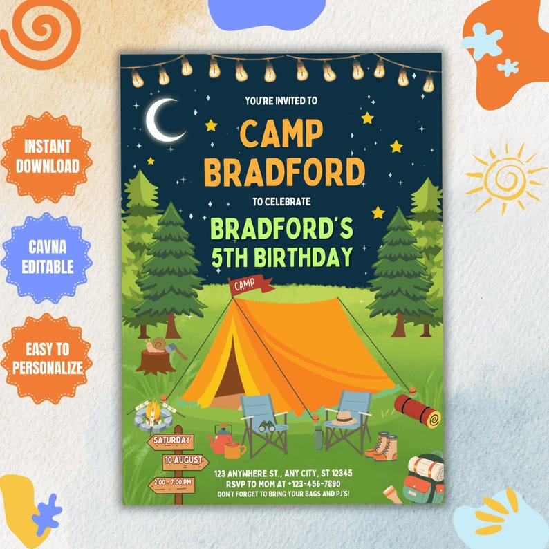 Editable Camping Birthday Invitation, Adventure Forest Camping Party ...