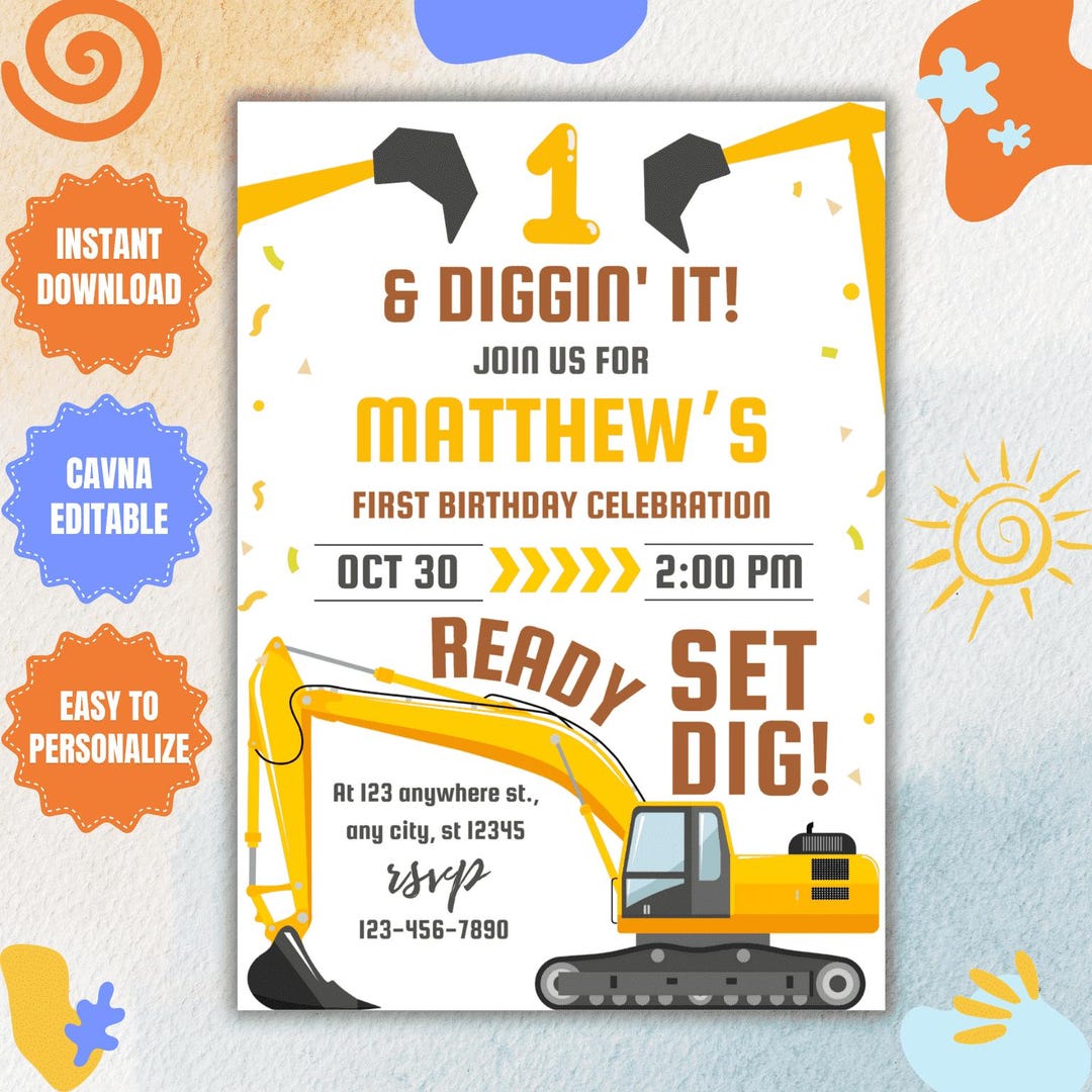 Editable Construction Birthday Invitation, Diggin It Bulldozer Truck ...