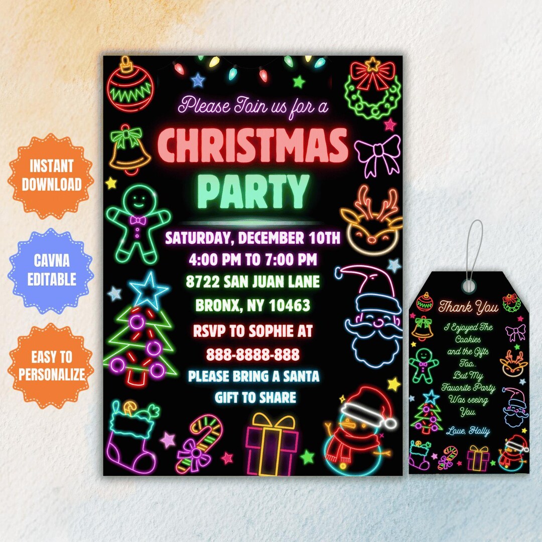 Editable Neon Christmas Party Invitation, Holiday Party Invite, Digital ...