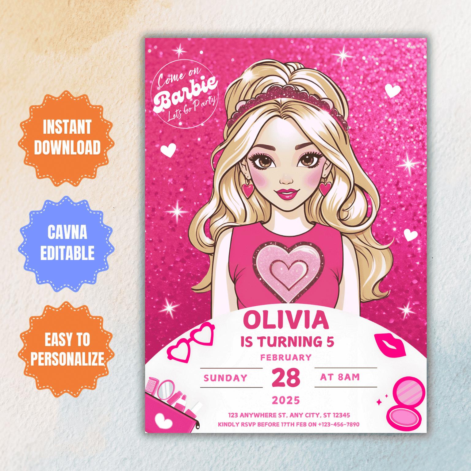 Editable Barbie Girl Birthday Party Invitation Fashion Doll Party ...