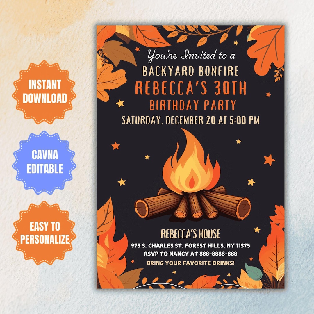Editable Backyard Bonfire Invitation, Campfire Birthday Party Invite ...