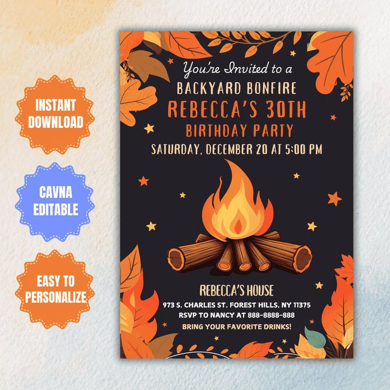 Editable Bonfire Birthday Party Invitation: Autumn Fire Pit Evite ...