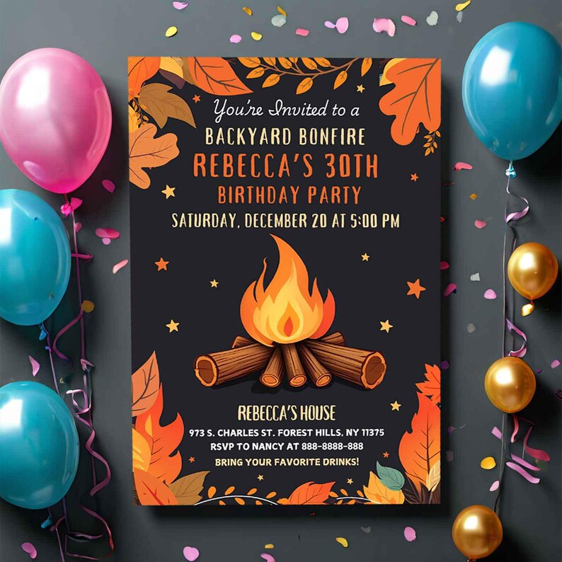 Editable Backyard Bonfire Invitation, Campfire Birthday Party Invite ...