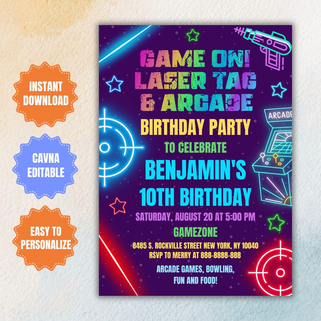 Editable Laser Tag Birthday Invitation, Laser Tag Party Template, Neon ...