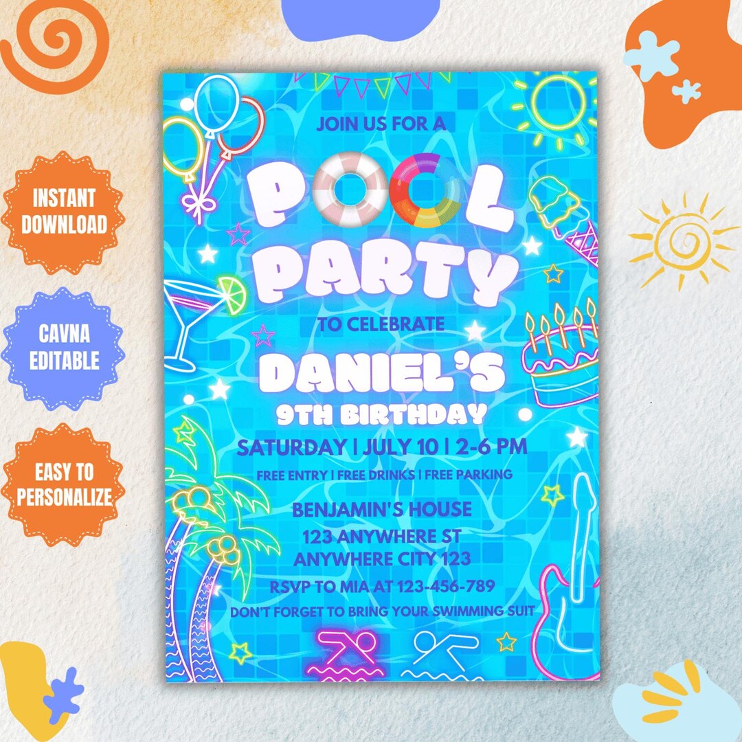 Editable Pool Party Birthday Invitation, Neon Glow Swim Party Invite ...