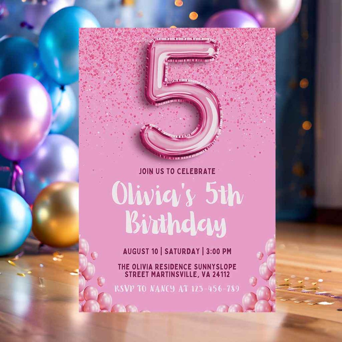 Editable Pink 5th Birthday Invitation Template Glitter Birthday Party ...