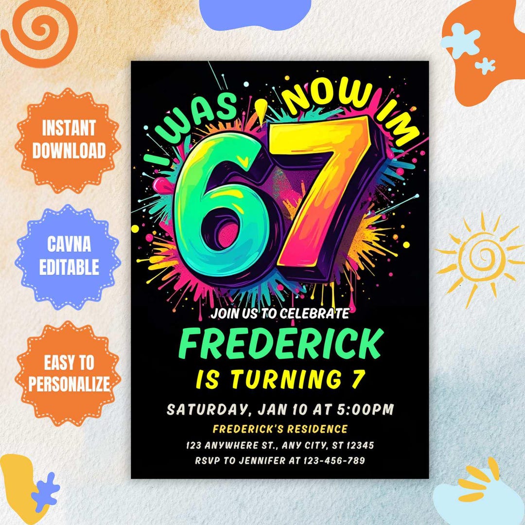 Retro 7th Birthday Invitation, Colorful Kids Party, Editable Template ...