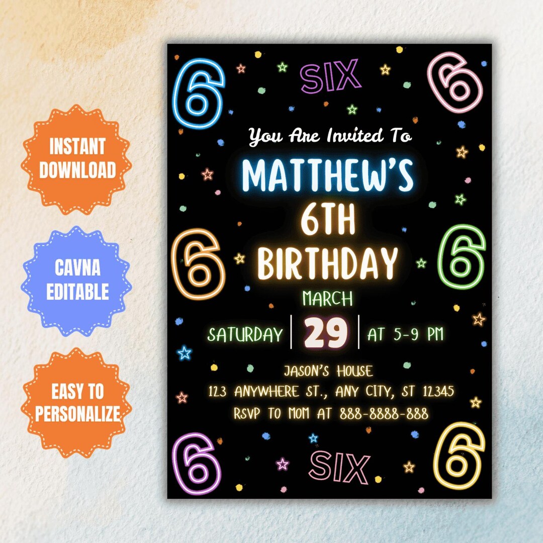Editable Neon 6th Birthday Party Invitation, Glow Party Invite, Sixth ...