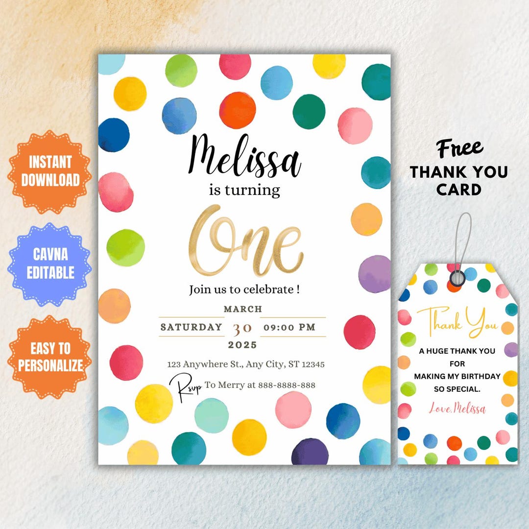 Editable Rainbow Polka Dot Girl Birthday Invitation, Watercolor Spots ...