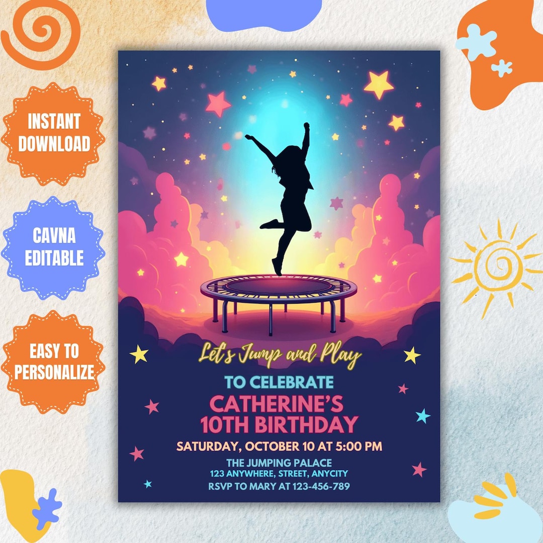 Editable Trampoline Park Birthday Invitation, Lets Jump Birthday Party Invite, Trampoline Lets ...