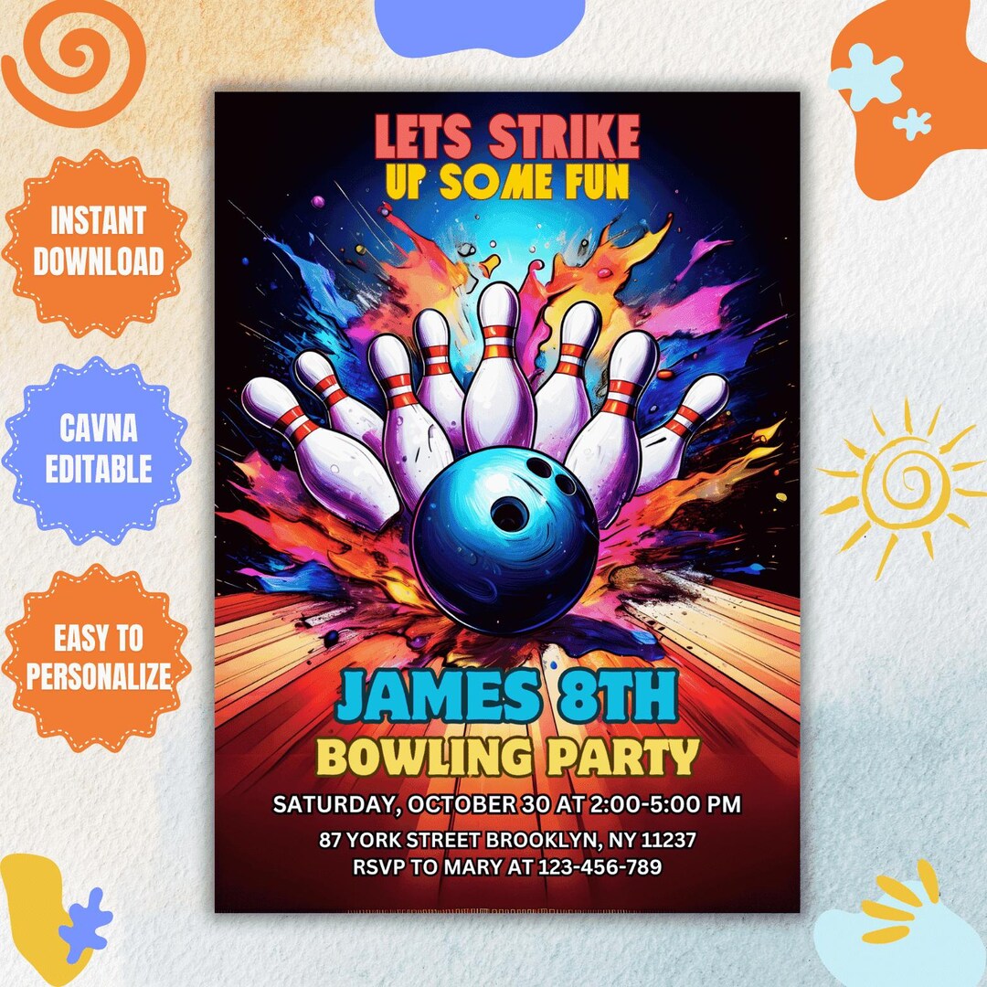 Editable Bowling Birthday Party Invitation Template (instant Download ...