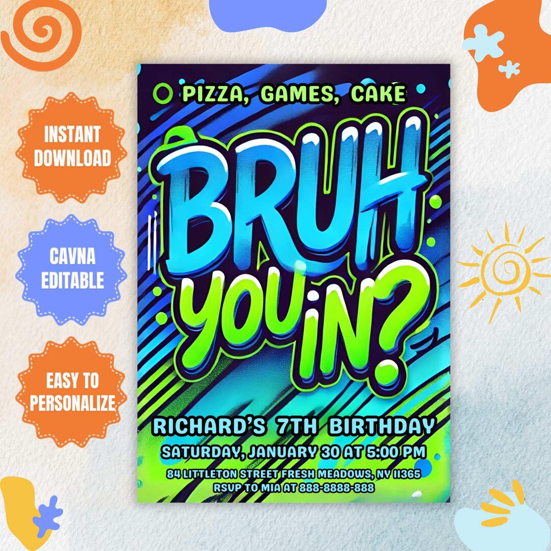 Bruh Birthday Invitation, Graffiti Party, Pizza & Cake (digital ...