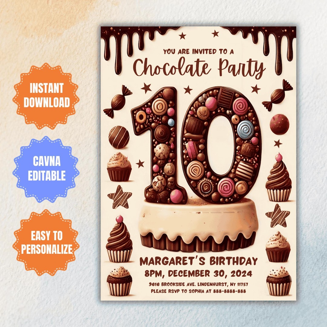 Editable Chocolate Party Invitation, Chocolate Desserts, Birthday ...
