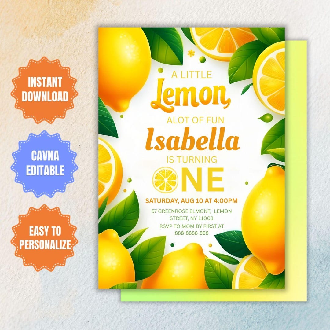 Editable Lemon Birthday Invitation, Citrus Invitation, Yellow Lemonade ...