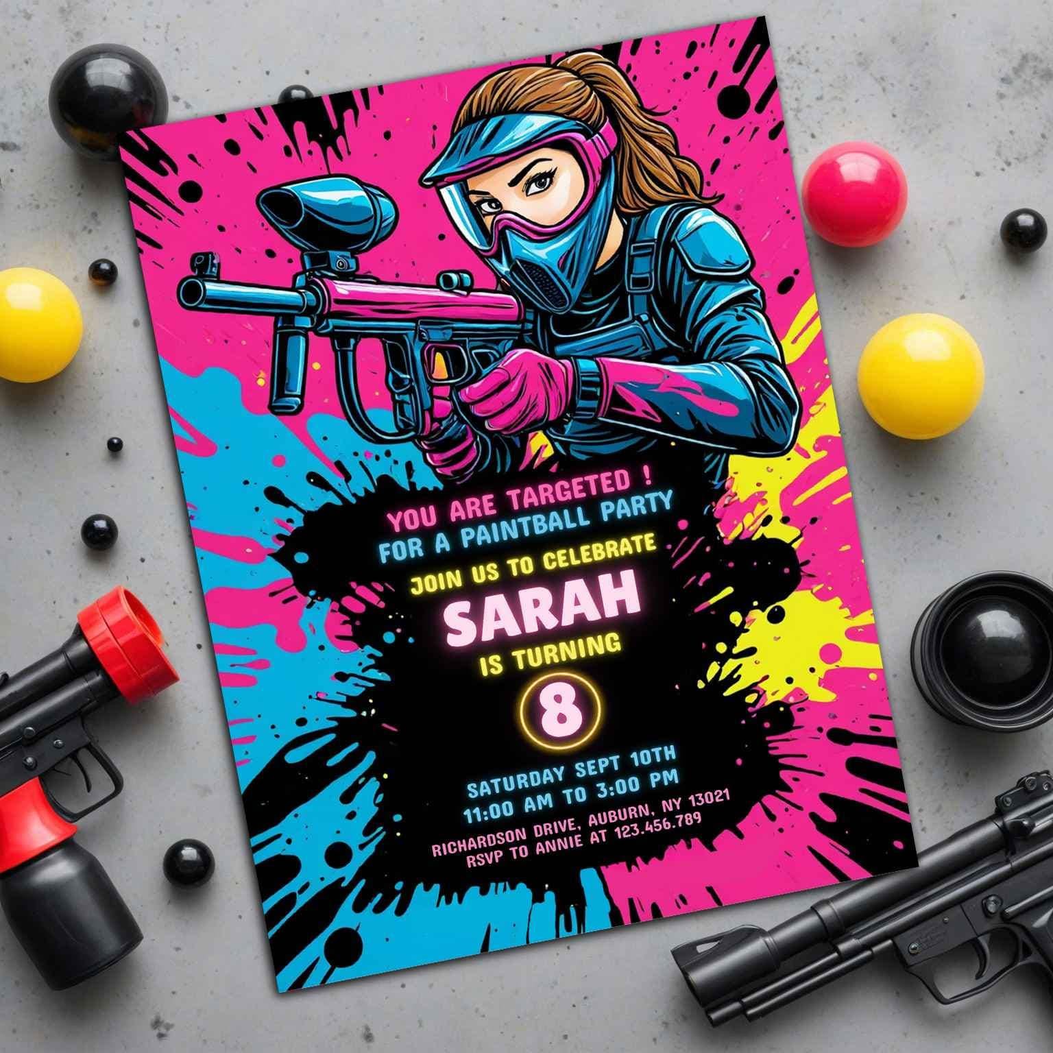 Editable Girls Paintball Birthday Party Invitation, Paint Ball Party ...