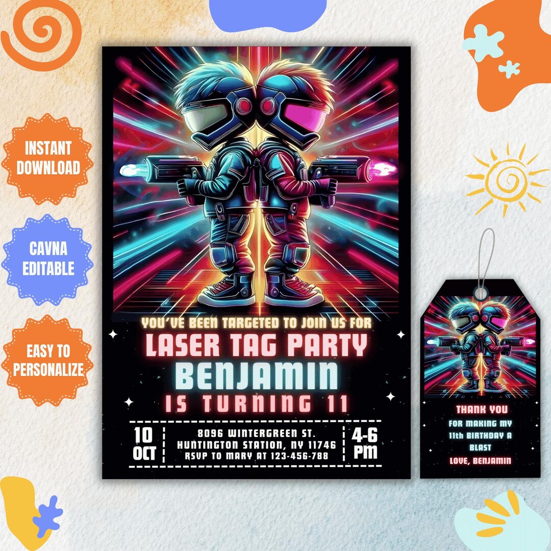 Editable Laser Tag Birthday Invitation, Neon Birthday Party Invite ...