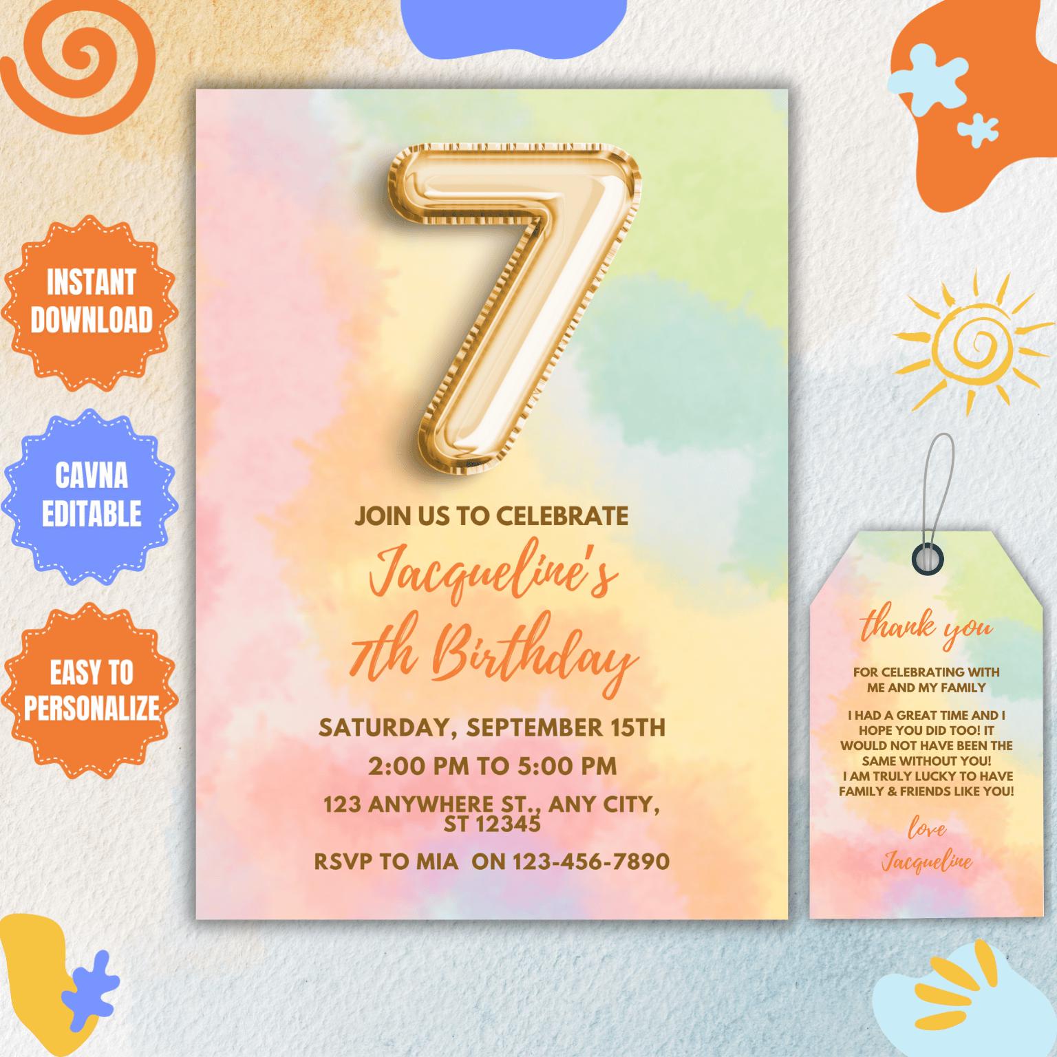 Editable 7th Birthday Invitation Template, 7th Birthday Party Girls ...