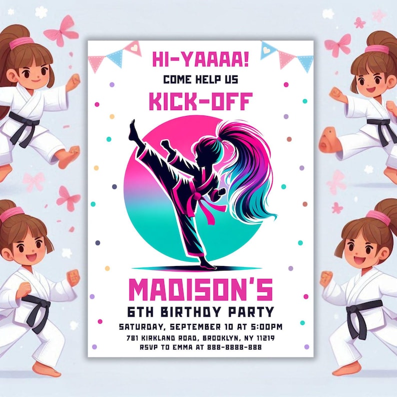 Editable Karate Birthday Invitation: Pink Martial Arts Party (digital ...