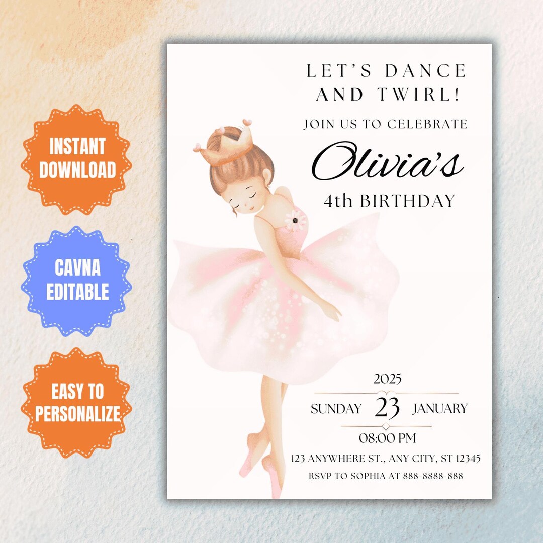 Editable Ballerina Birthday Party Invitation, DIY Modern Ballet Dancer ...