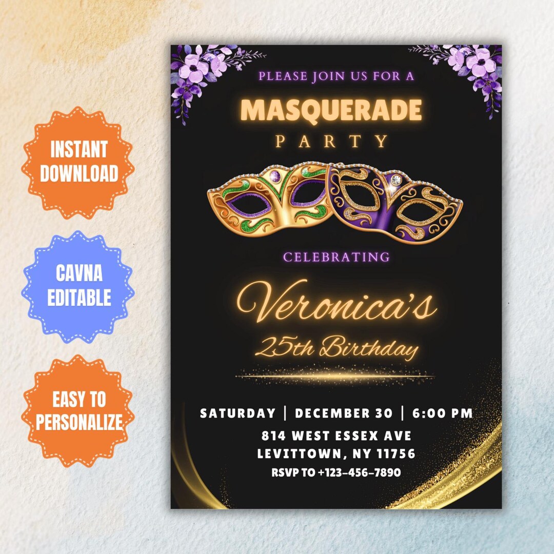 Editable Masquerade Invitation Template, Gold and Black Adult Birthday ...