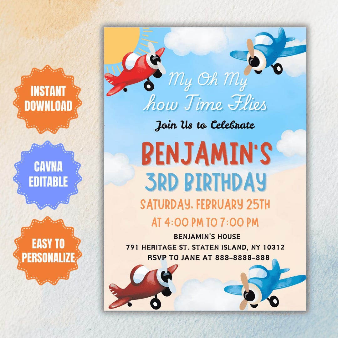Airplane 3rd Birthday Invitation: Time Flies Theme (digital Download ...