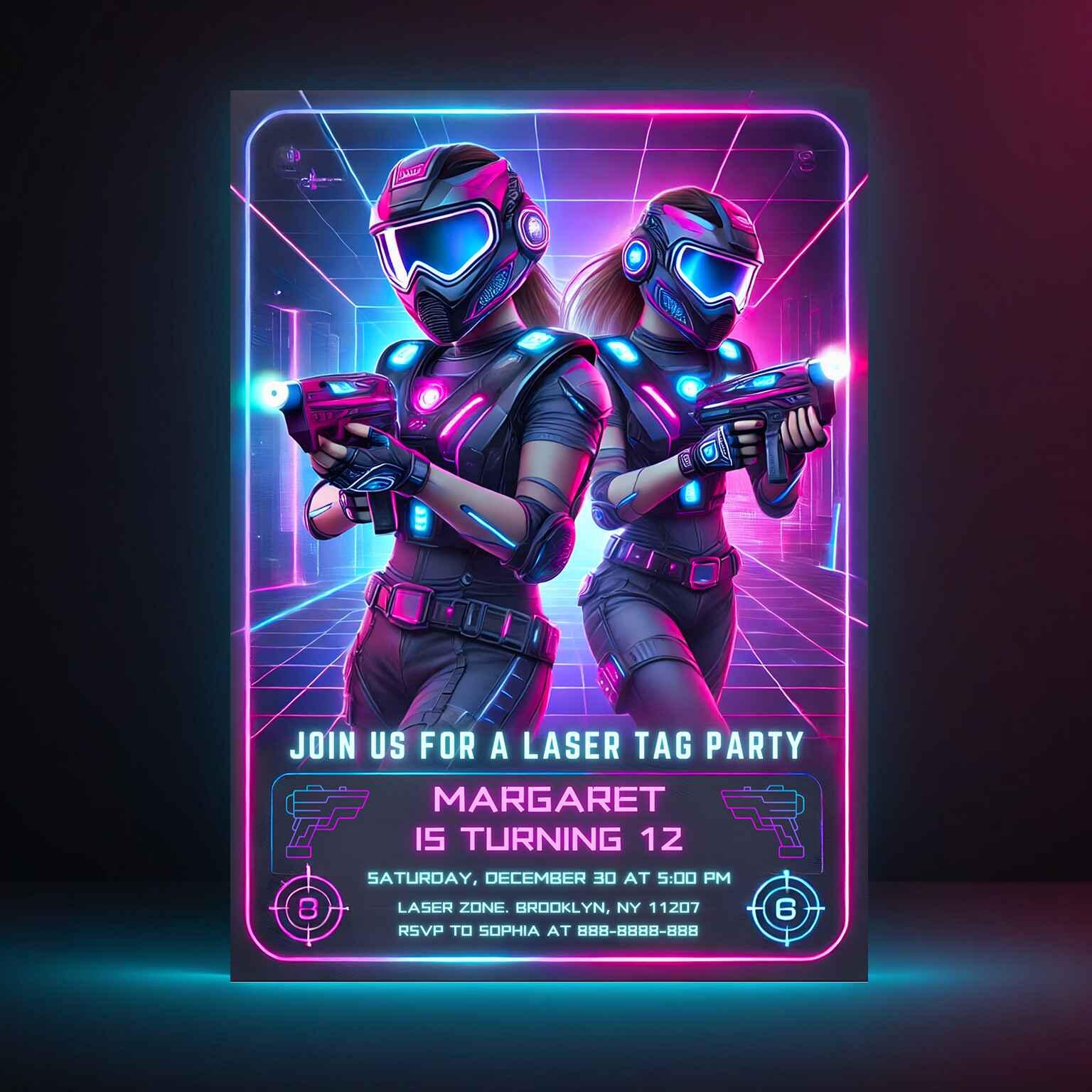 Editable Laser Tag Girls Birthday Invitation, Laser Tag Game Party ...