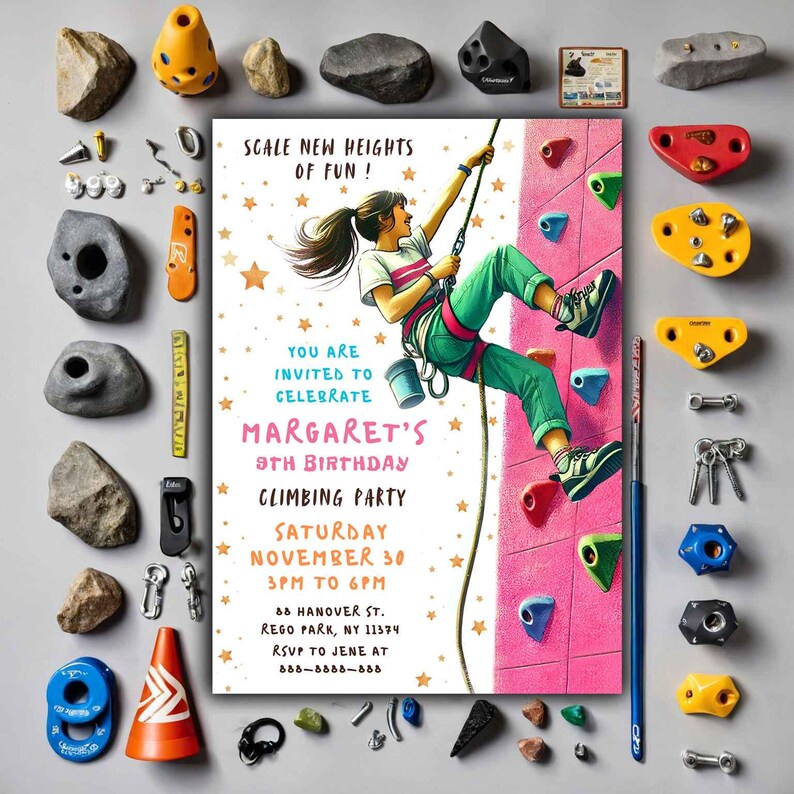 Editable Girls Rock Climb Invitation, Rock Climbing Birthday Invite ...