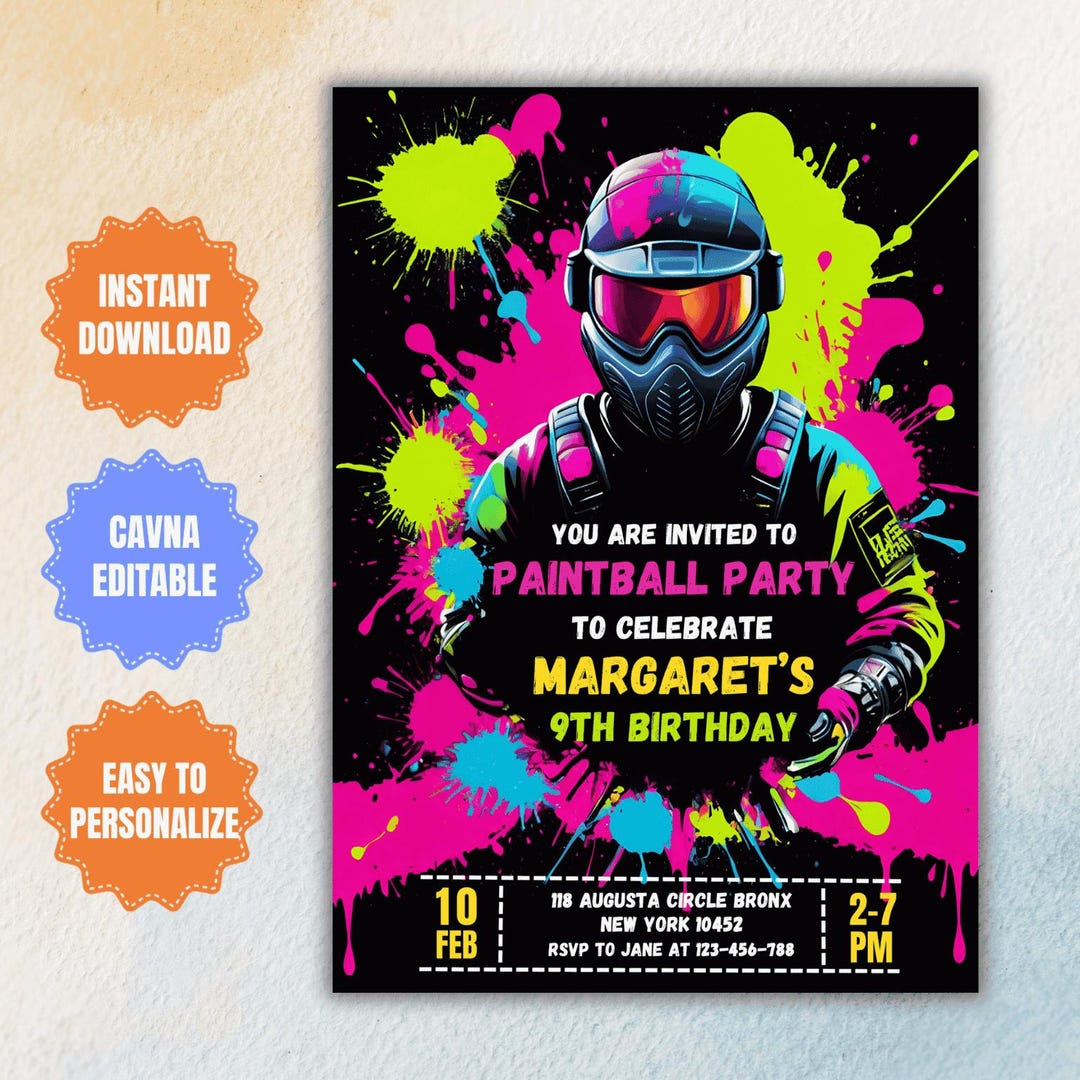 Editable Paintball Birthday Invitation, Paintball Theme Party Invite ...