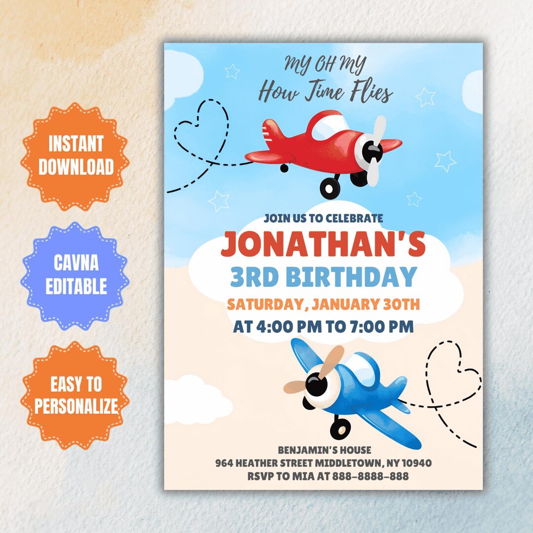 Editable Time Flies 3rd Birthday Invitation Template, Airplane 3rd ...