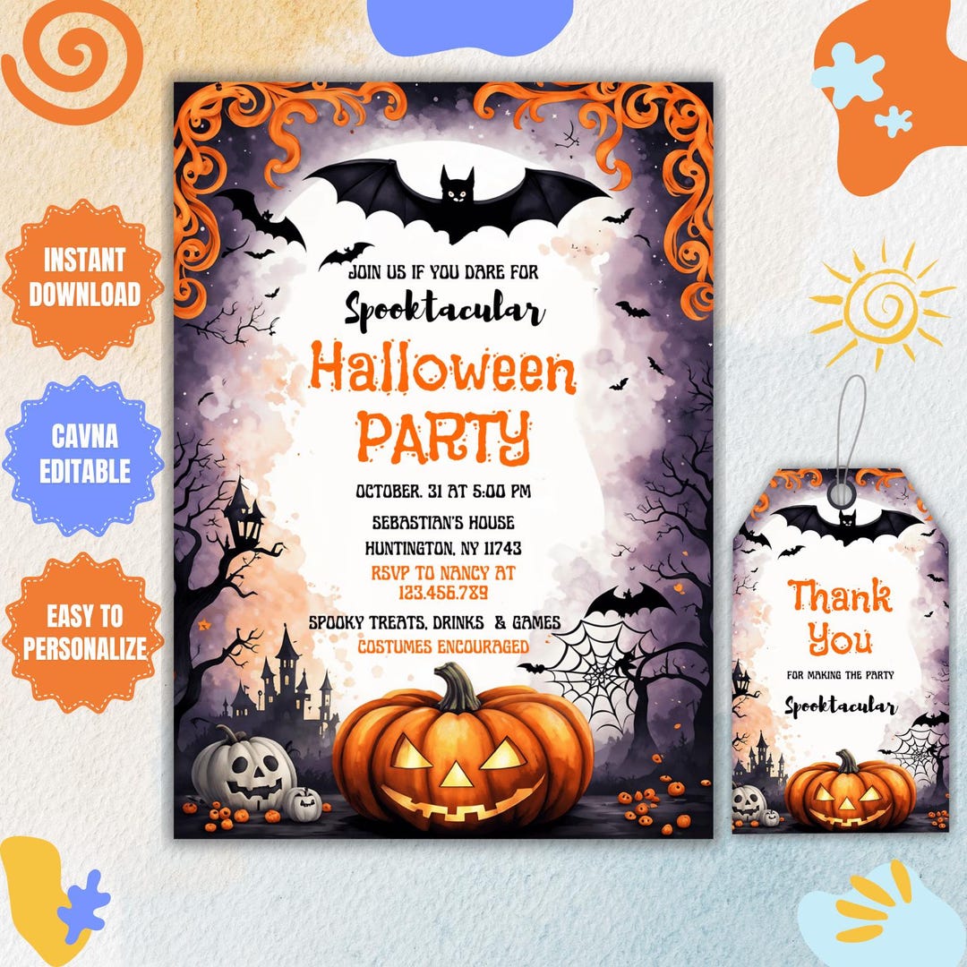 Spooky Bats Halloween Party Invitation, Kids Costume Party (editable ...
