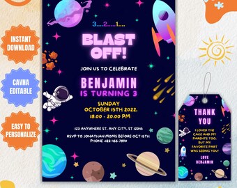 Outer Space Birthday Invitation Template, Planets Rocket Ship Astronaut ...