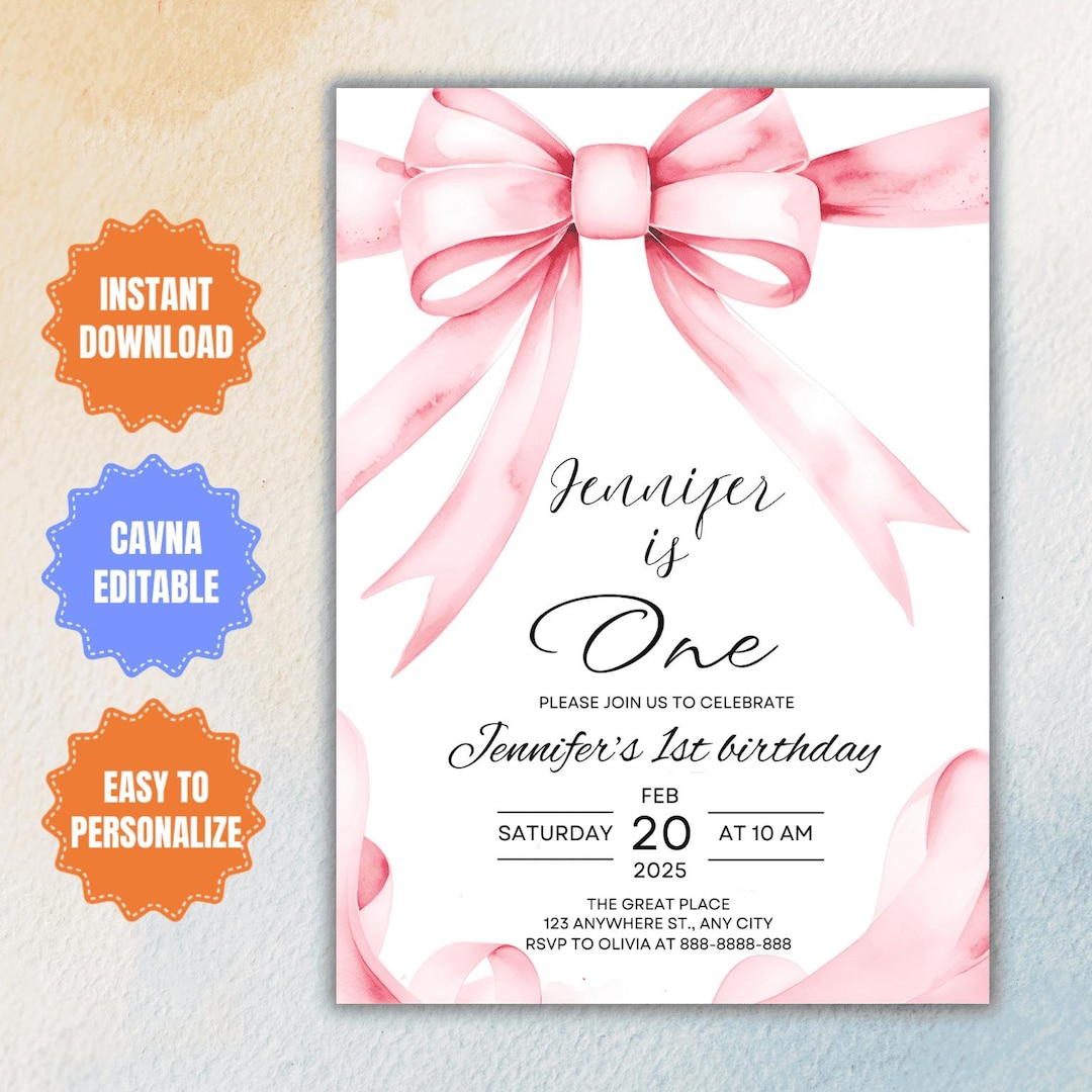 Editable Girls Pink Bow 1st Birthday Invitation, First Birthday Bow ...
