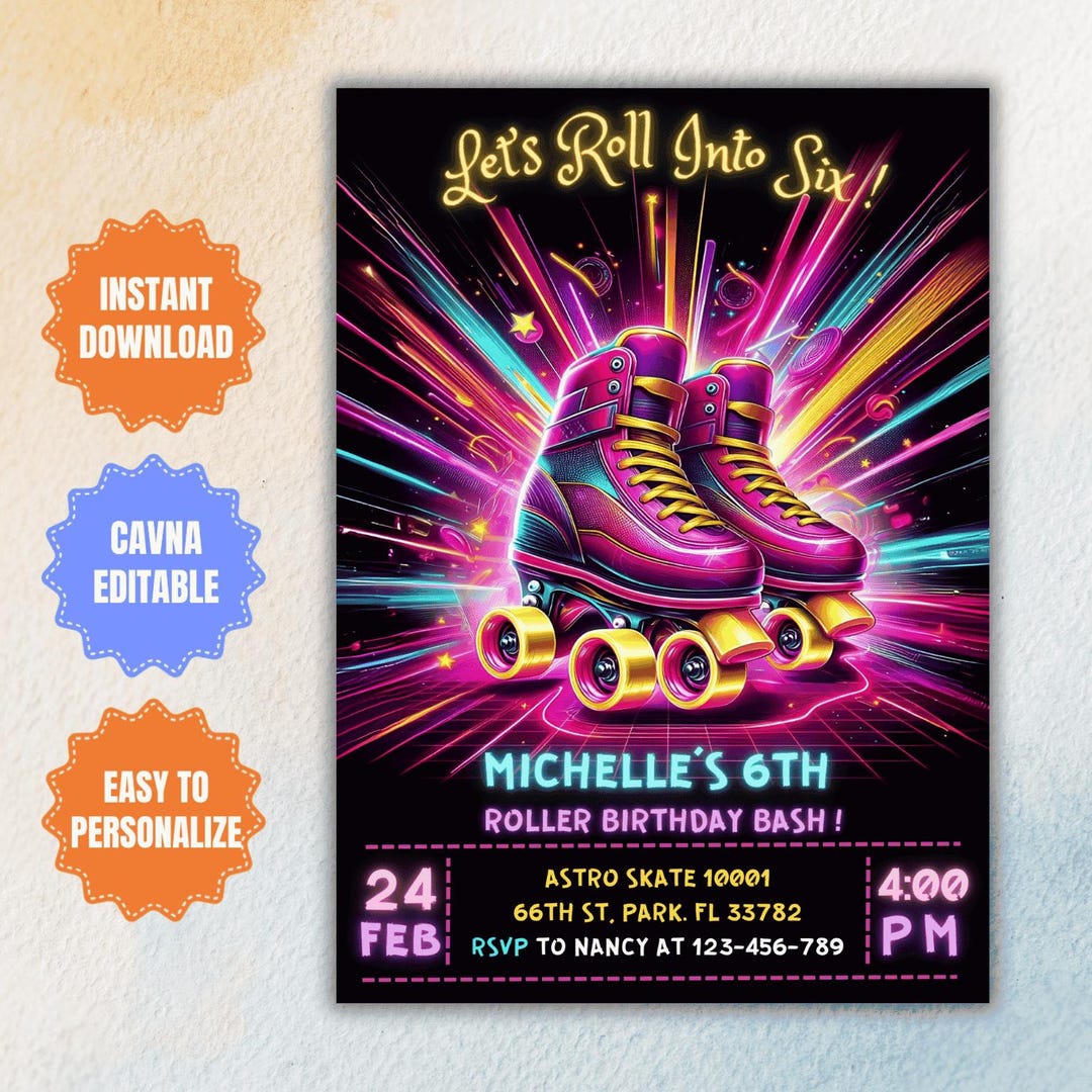 Neon Roller Skating Birthday Invitation: Editable Glow Party (digital ...