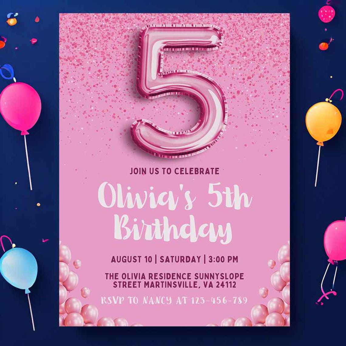 Editable Pink 5th Birthday Invitation Template Glitter Birthday Party ...