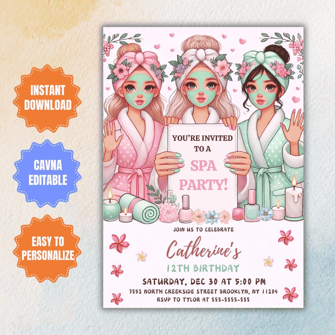 Editable Spa Birthday Party Invitation, Tween Birthday Spa Party Invite ...