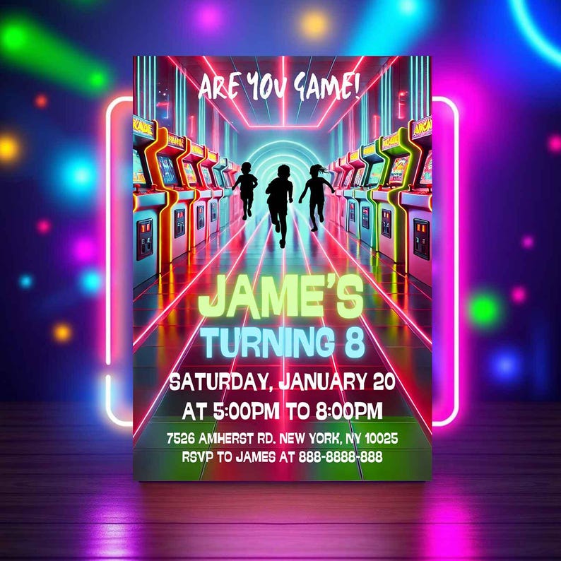 Editable Neon Arcade Birthday Invitation: Gaming Lounge Party (digital ...