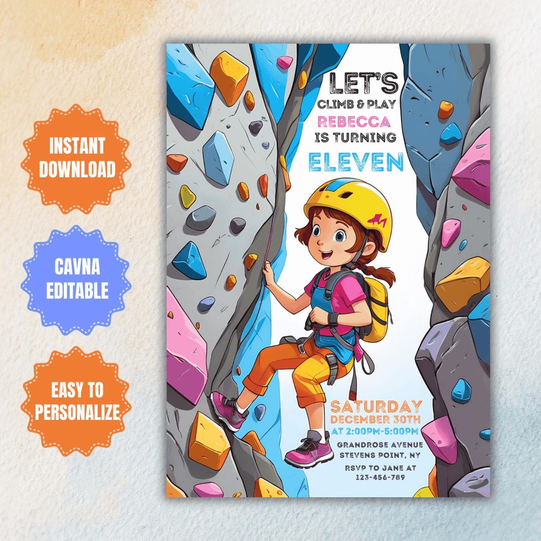 Rock Climbing Birthday Invitation: Girls Rock Wall Party (digital ...