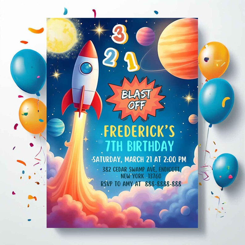 Editable Outer Space Birthday Invitation: Rocket, Planets (digital ...