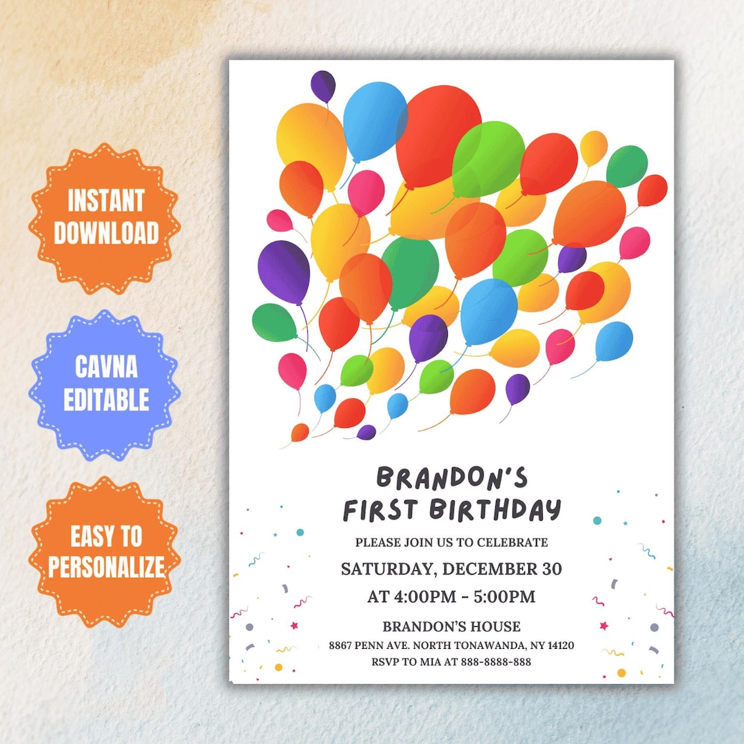 Editable Colorful Balloons Birthday Party Invitation Template, Balloons ...