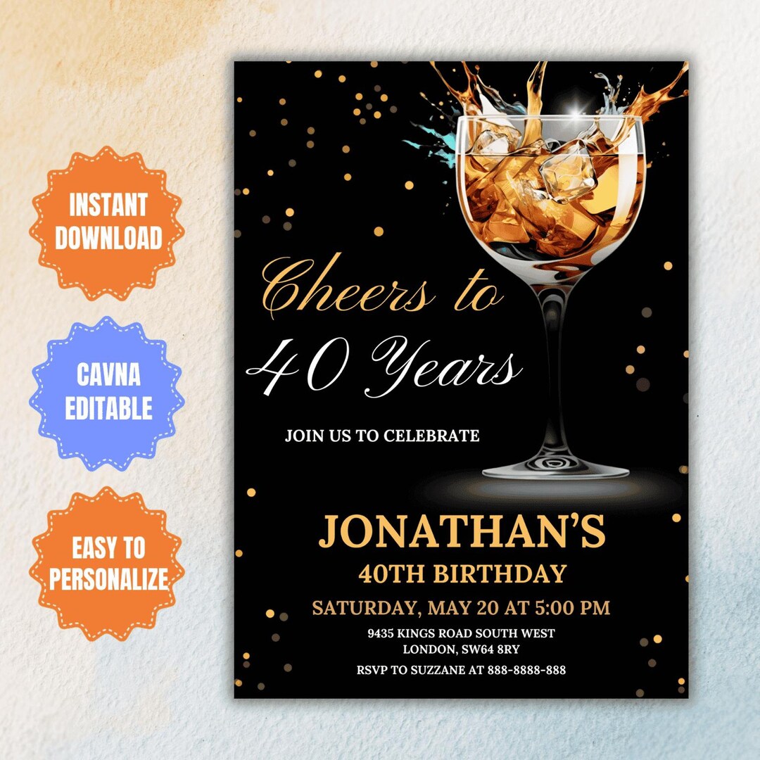 Editable 40th Birthday Invitation, Adult Men Whiskey Birthday Invite ...