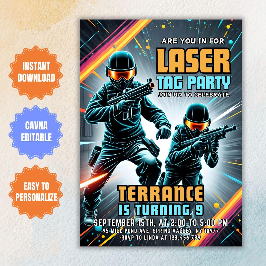 Editable Laser Tag Birthday Invitation: Neon Party Evite (5x7 Digital ...