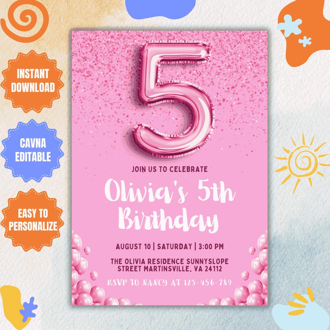 Editable Pink 5th Birthday Invitation Template Glitter Birthday Party ...
