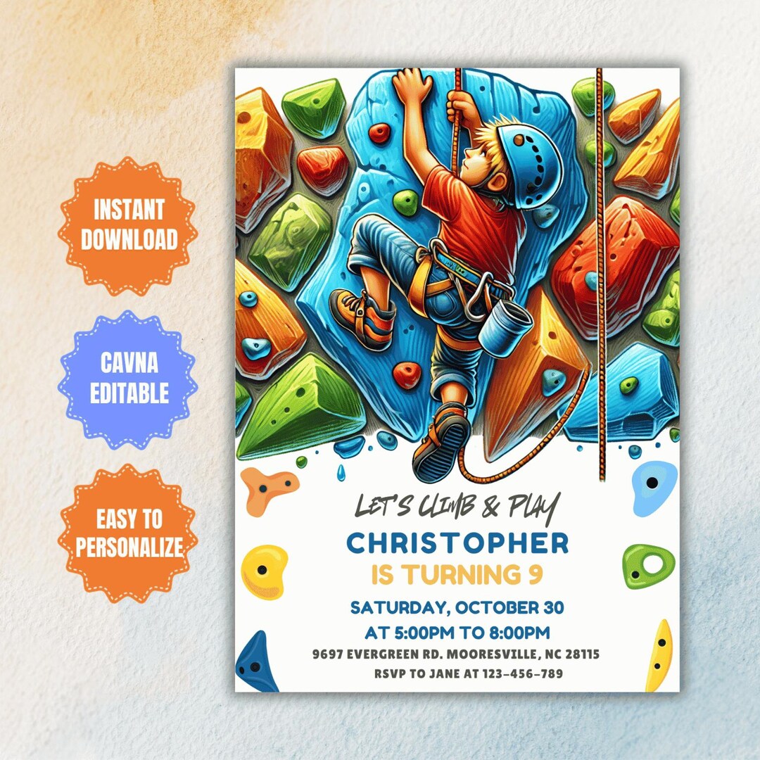 Editable Climber Birthday Party Invite, Digital Rock Climbing ...