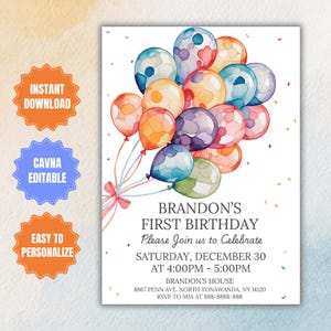 Editable Colorful Balloons Birthday Party Invitation Template, Balloons ...
