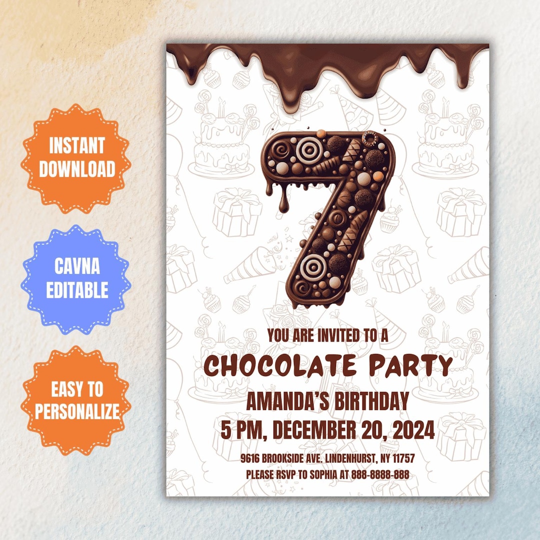 Editable Chocolate Party Invitation, Chocolate 7th Birthday Invitation ...
