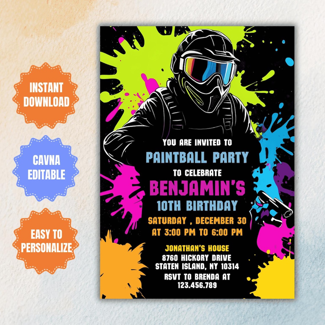 Editable Paintball Birthday Invitation, Boys Paintball Party Invitation ...
